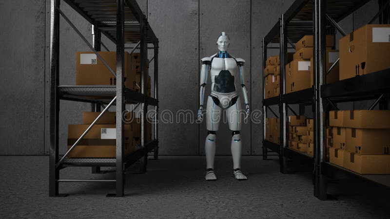 Humanoid Robot Warehouse stock illustration. Illustration of parcels ...