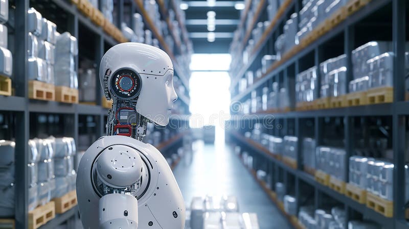 A Humanoid Robot Works in a Warehouse Stock Illustration - Illustration ...