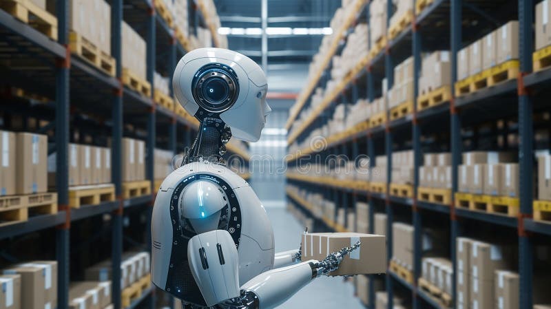 A Humanoid Robot Works in a Warehouse Stock Illustration - Illustration ...