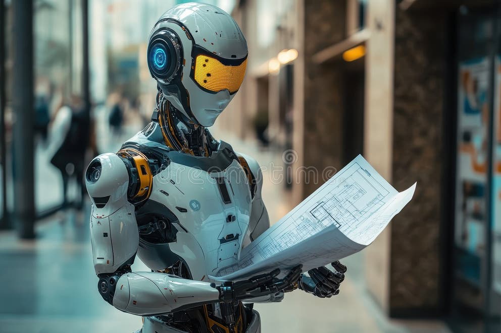 Humanoid Robotic Engineer Analyzing Mechanical Blueprint in ...