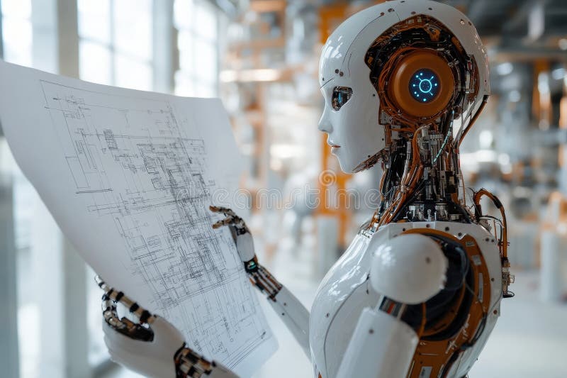 Humanoid Robotic Engineer Examining Mechanical Blueprint in Clean ...