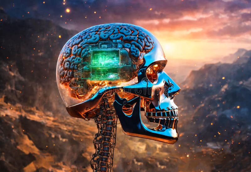 Humanoid Robotic Sceleton Scull with with Electronic Brain Close-up ...