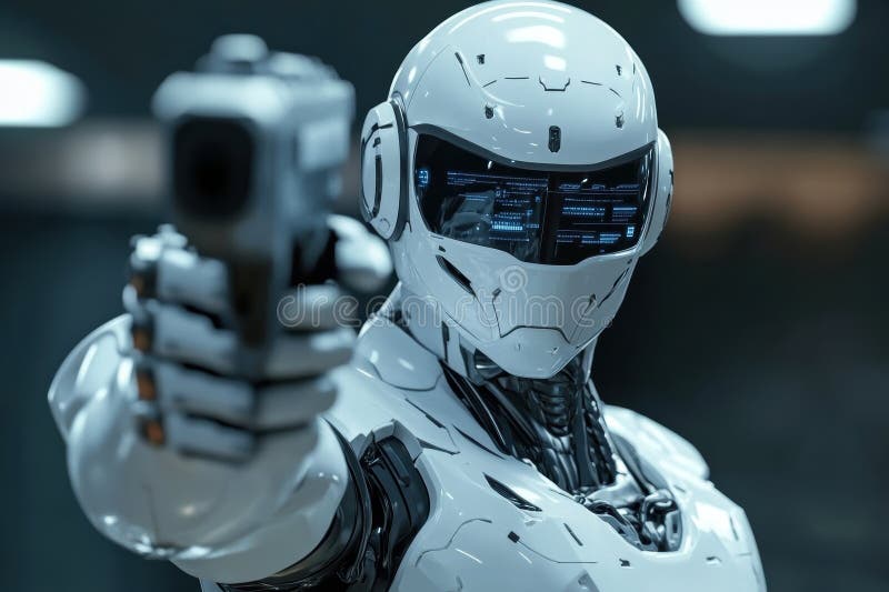 Humanoid Robotic Security Officer Standing in Dark Grey Environment ...