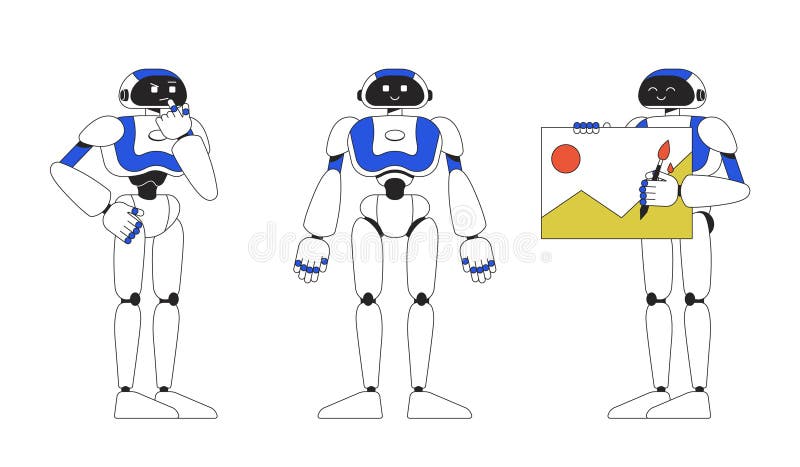 Humanoid Robots AI Performing Tasks Linear Flat Color Vector Characters ...
