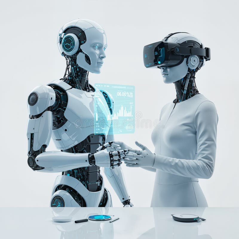 Humanoid Robots Analyzing Data in Futuristic High Tech Lab Stock ...