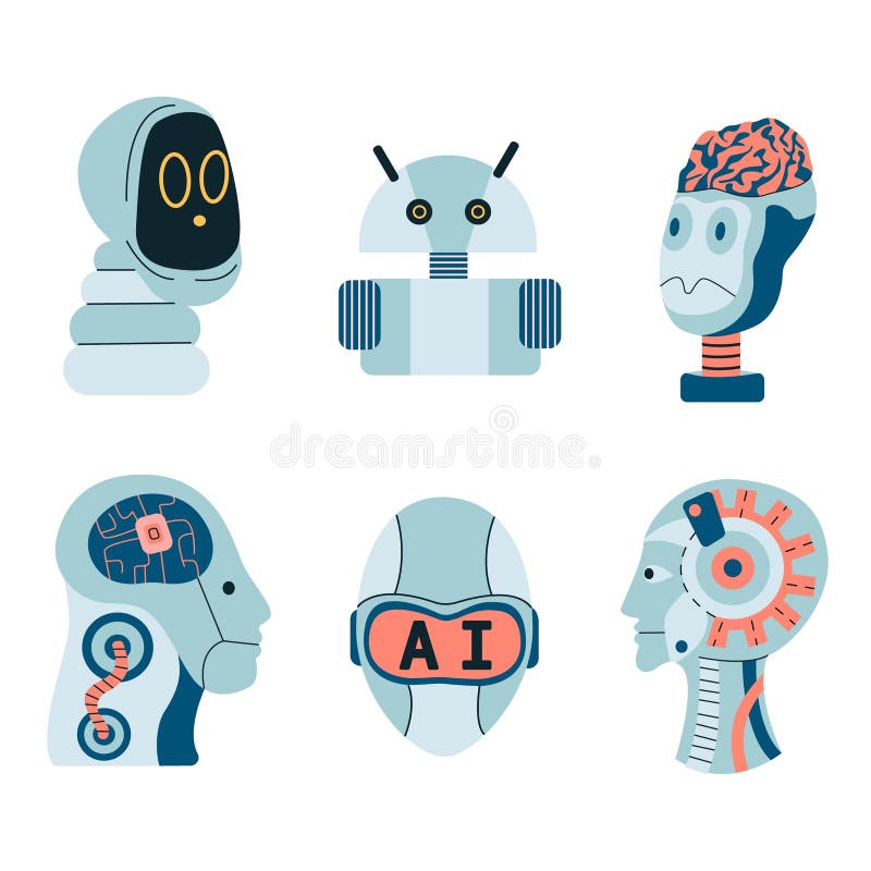 Humanoid Robots with a Brain. Chatbot and Digital Cyborg, Stock Vector ...