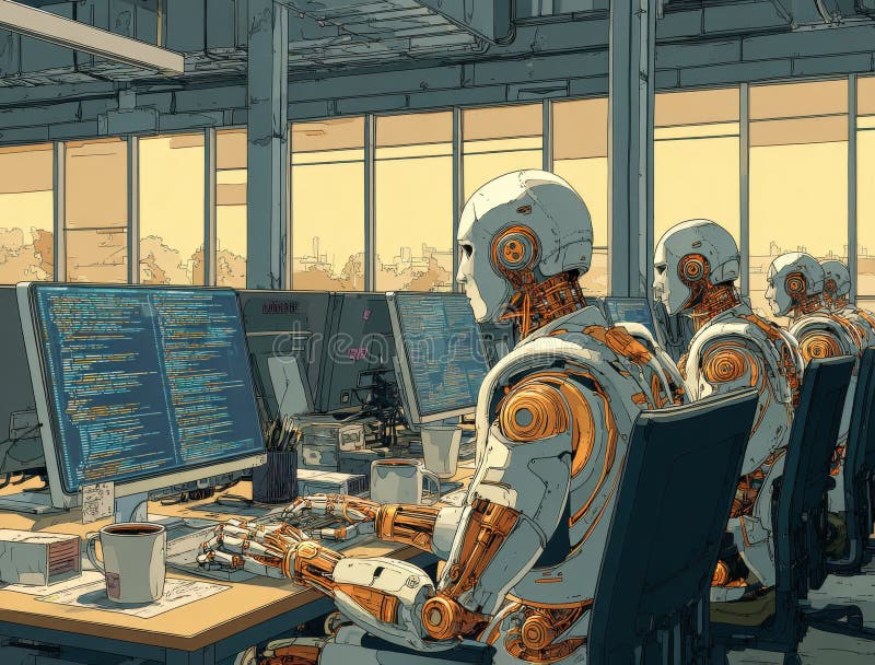 Humanoid Robots Coding at Sunset in Modern Office Stock Illustration ...