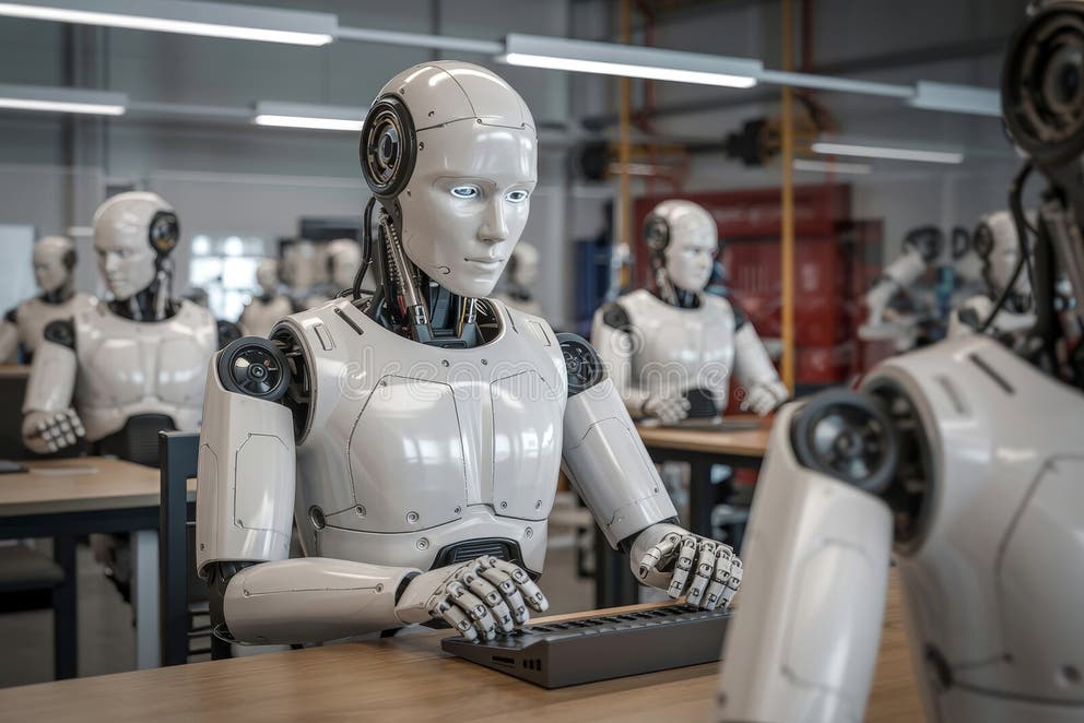 Humanoid Robots Engage in Collaborative Programming Tasks in a Futuristic Lab Environment Stock ...