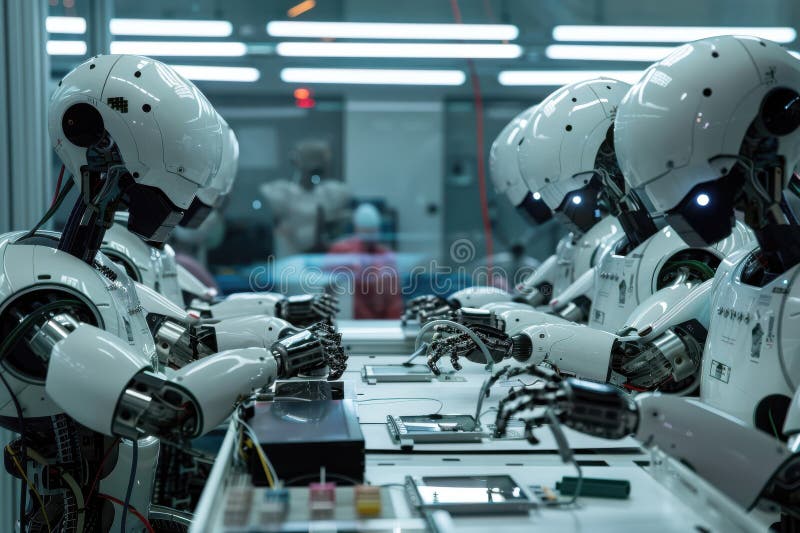 Humanoid Robots in a Futuristic Research Facility, Exchanging Data and ...