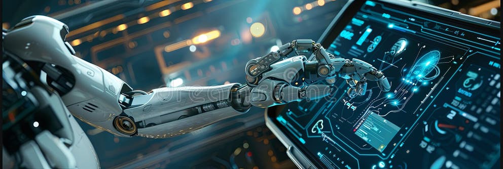 A Humanoid Robots Hand Interacts with a Touchscreen Display Showcasing ...