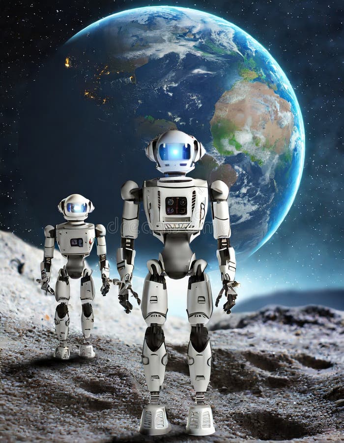 Humanoid Robots on the Moon Stock Illustration - Illustration of ...
