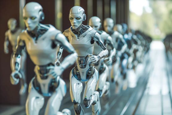 Humanoid Robots Running in Corridor Stock Illustration - Illustration ...