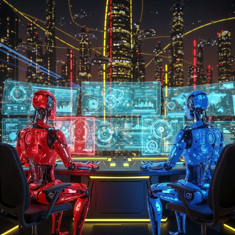 Humanoid Robots Sit in Front of Multiple Computer Screens Displaying Various Data and Graphs ...