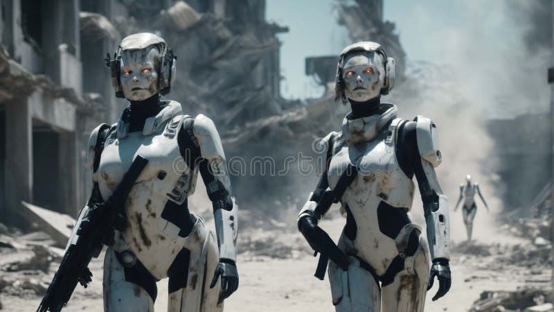 Humanoid Robots in Warzone with Weapons. Invasion of Artificial ...