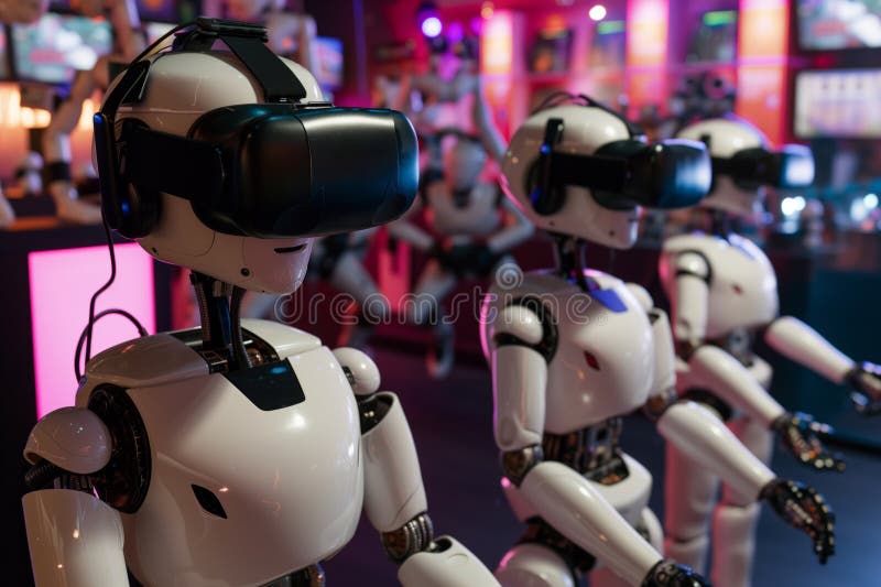 Humanoid Robots Wearing Vr Headsets in a Gaming Setup Stock Image ...