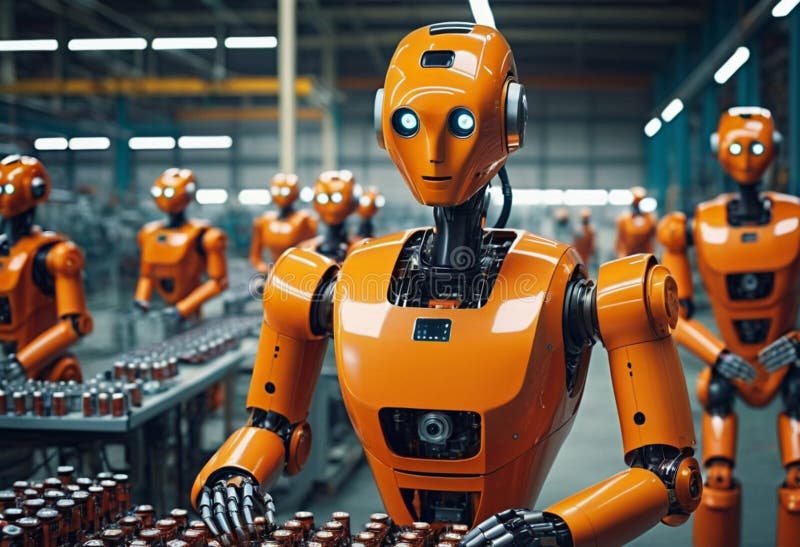 Humanoid Robots Working in a Factory Assembly Line of Batteries Stock ...