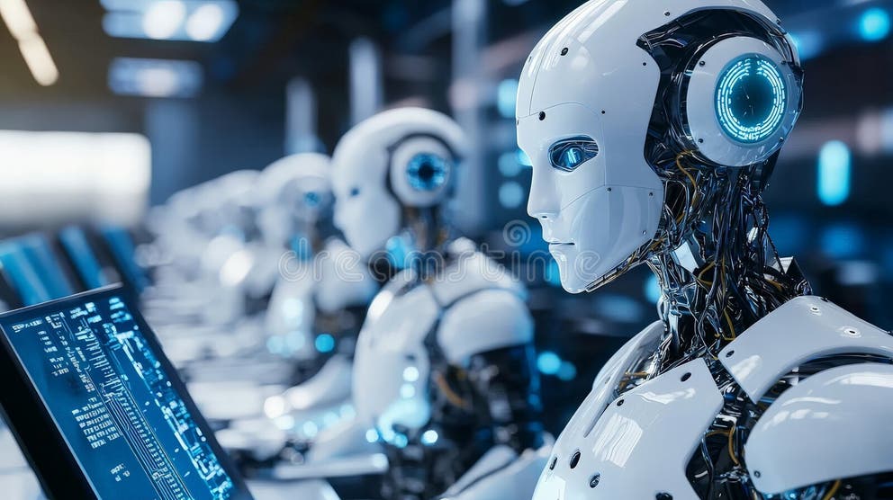 Humanoid Robots Working on Futuristic Computers in Tech Lab Stock Photo ...