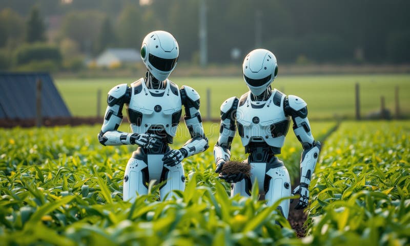 Humanoid Robots Working in Green Field, Showcasing Advanced Technology ...