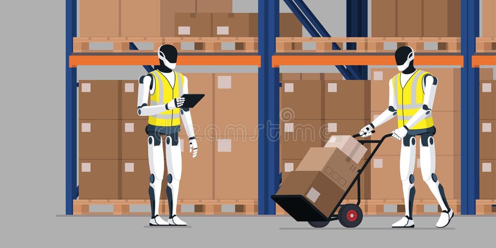 Humanoid Robots Working in the Warehouse Stock Illustration ...