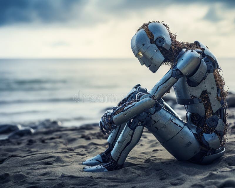 The Humanoid Sad Lonely Robot is Suffering from Depression. Stock ...