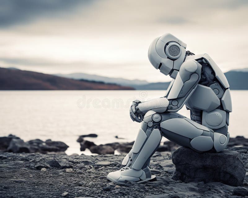 The Humanoid Sad Lonely Robot is Suffering from Depression. Stock ...