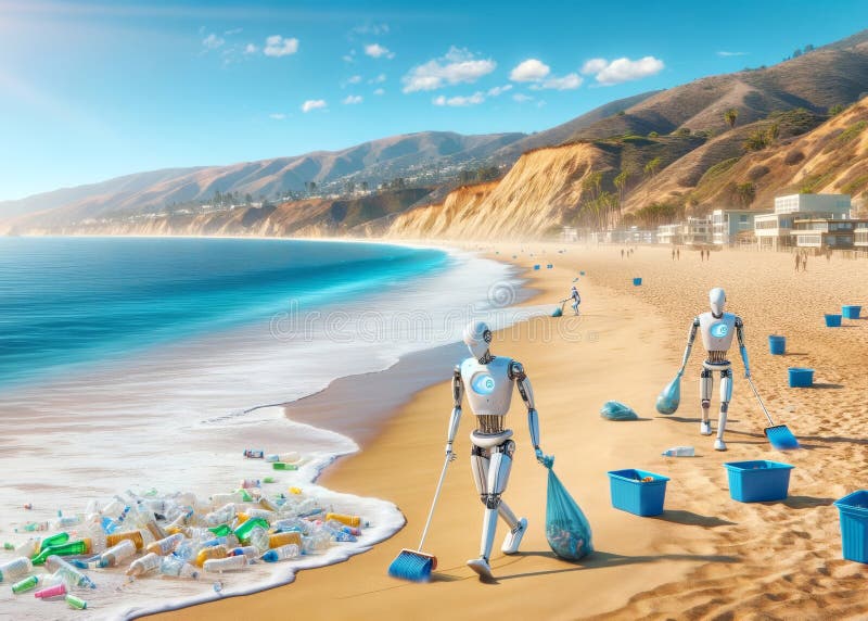 Humanoid Shoreline Ocean Beach Clean-up Crew Pollution Plastics Bottles ...