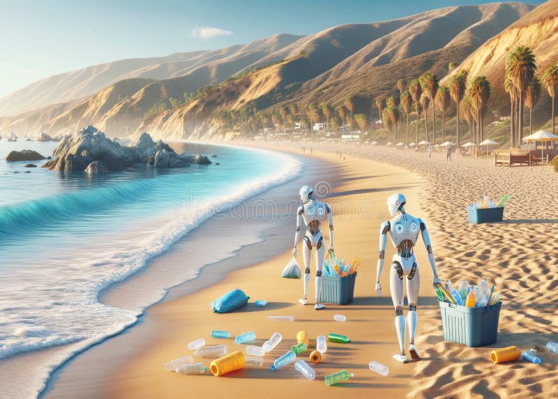 Humanoid Shoreline Ocean Beach Clean-up Crew Pollution Plastics Bottles ...