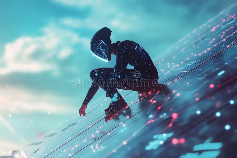 Humanoid Technician Install Solar Panel on Sloped Roof of Building ...