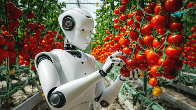 The Humanoid Worker Robot Picking Tomatoes from the Tomato Greenhouse ...