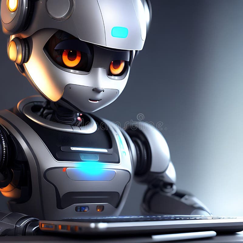 Humanoid Works at the Computer. Generative AI. Stock Illustration ...