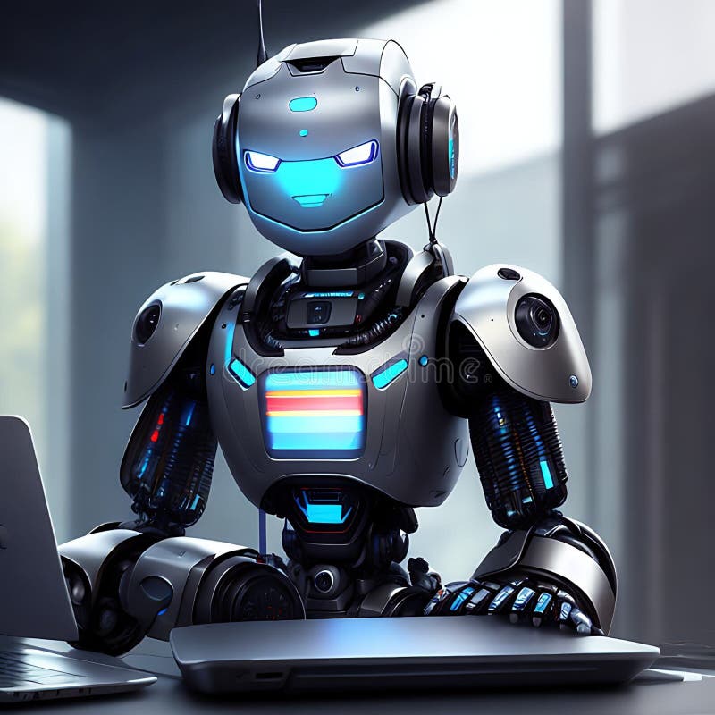 Humanoid Works at the Computer. Generative AI. Stock Illustration ...