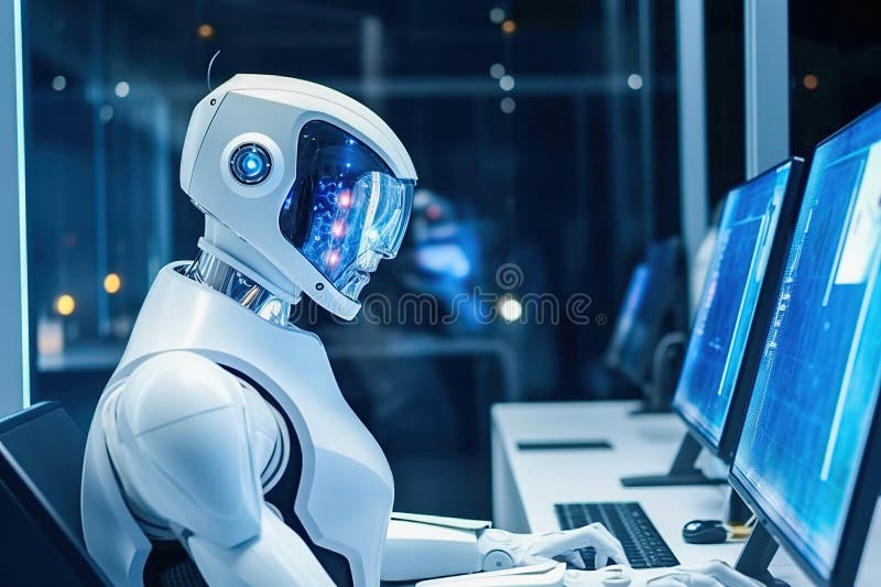 A Humanoid Works on a Computer. Stock Illustration - Illustration of ...