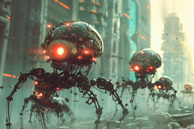 Humanoids Move through a Futuristic Cityscape Filled with Advanced ...