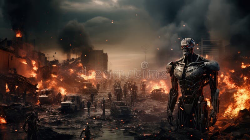 Humans Against Robots Concept. World War. Destruction. Artificial ...