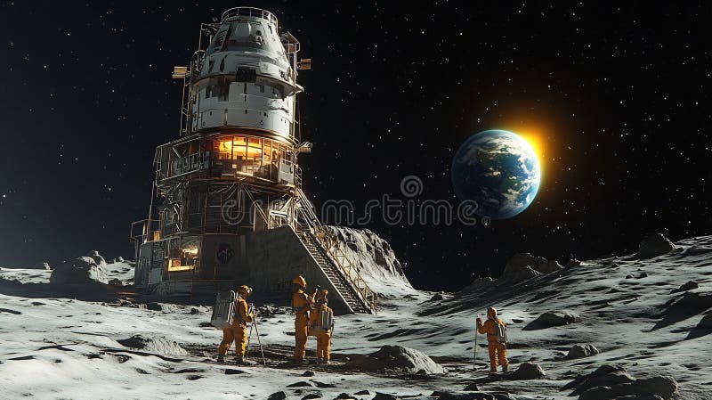 Humans Construct Lunar Outpost on Moon S Surface Earth Glowing Brightly ...