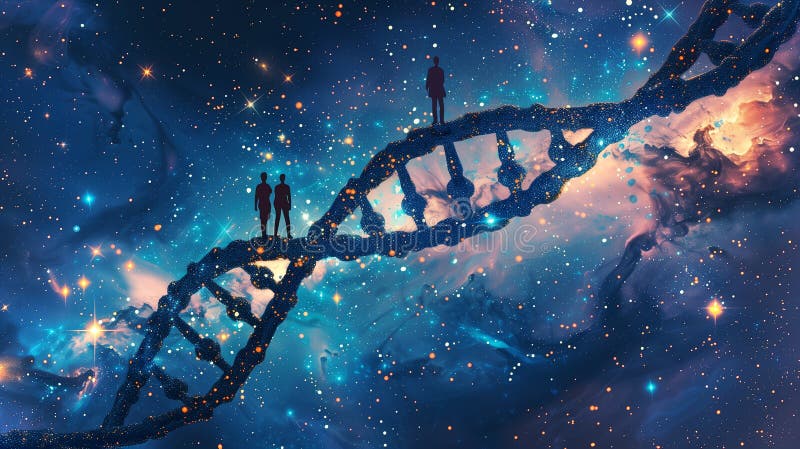 Humans on a DNA Strand in a Vibrant Cosmic Scene Symbolize Future ...