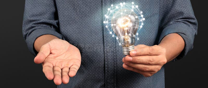 Humans Hold Light Bulbs in Hand Innovative Technology and Creativity ...