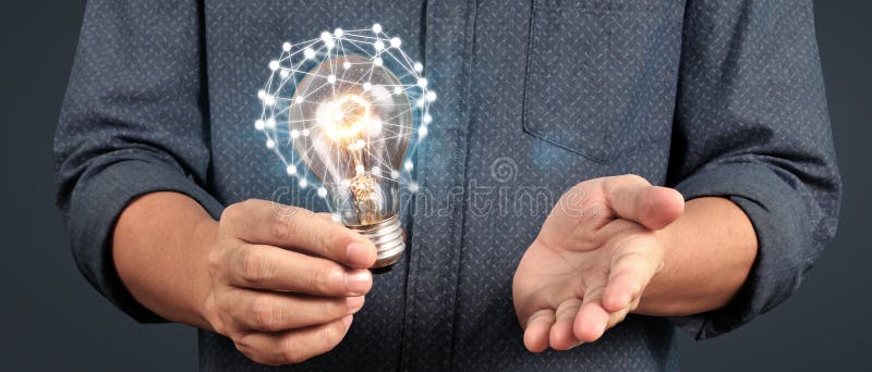 Humans Hold Light Bulbs in Hand Innovative Technology and Creativity ...