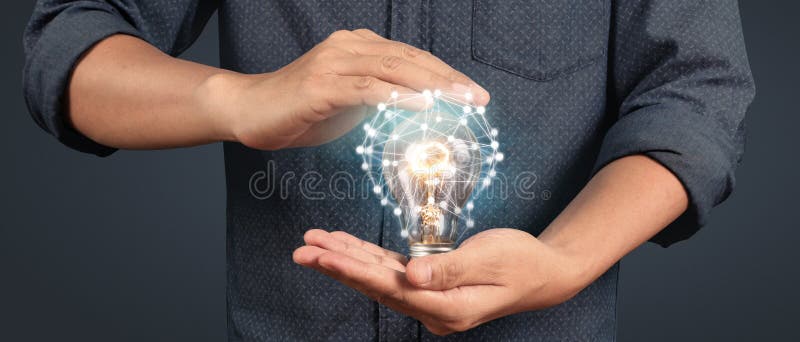 Humans Hold Light Bulbs in Hand Innovative Technology and Creativity ...