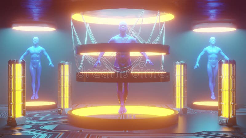 Humans Inside Illuminated Neon Circles in Laboratory. Abstract Sci Fi ...