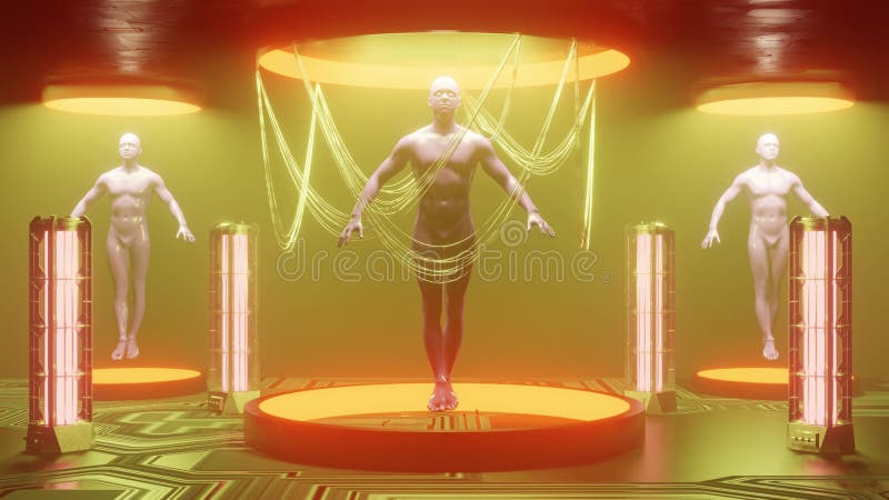 Humans Inside Illuminated Neon Circles in Laboratory. Abstract Sci Fi ... Humans Inside Illuminated Neon Circles in Laboratory. Abstract Sci Fi ...