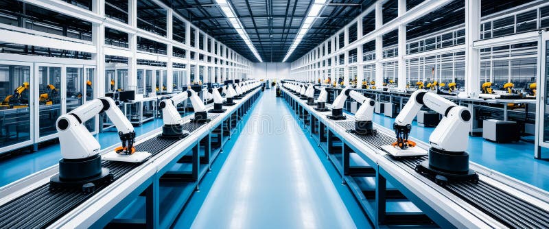 Humans and Robots in Modern Factory Stock Photo - Image of robots ...