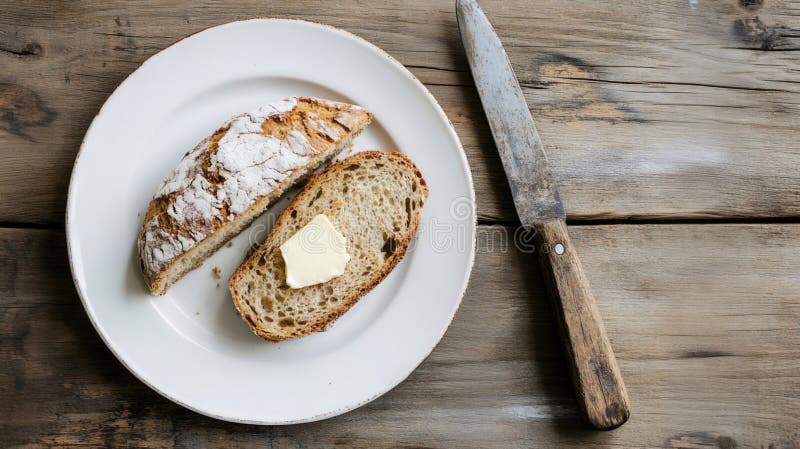 Humble Slice of Buttered Bread on a Plain White Plate Stock Image ...