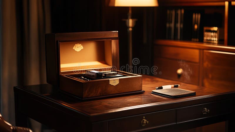 Humidor Opened on Mahogany Desk, Warm Lighting. Stock Image - Image of ...