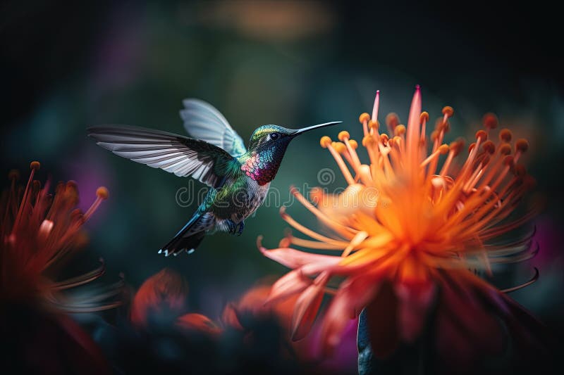 Humming Bird Hovering Over a Colorful, Pollen Filled Flower. Generative ...