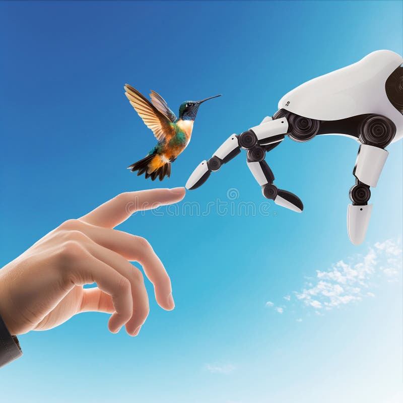 A Hummingbird Approaches a Robotic Hand Under a Clear Blue Sky Stock ...
