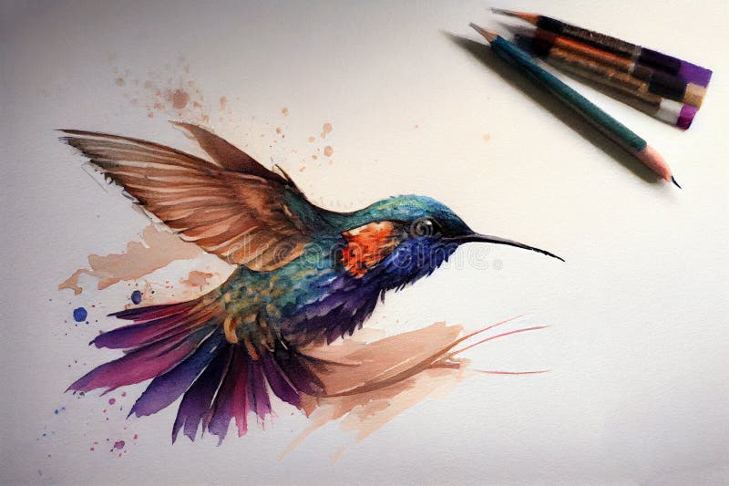 Hummingbird Drawing with Bit of Watercolour Stock Illustration ...