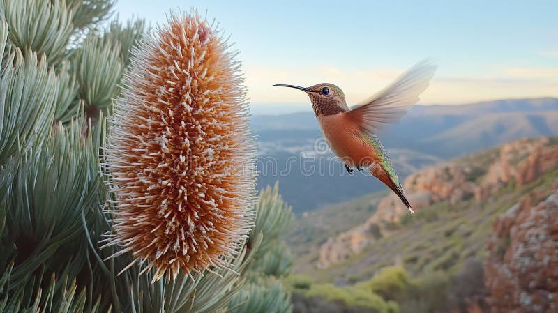 Hummingbird Feeding Flower Mountain Sunset Nature Stock Photo - Image ...