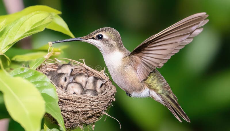 Hummingbird Feeding Hungry Chicks in Nest High Up in Tree Stock Image ...