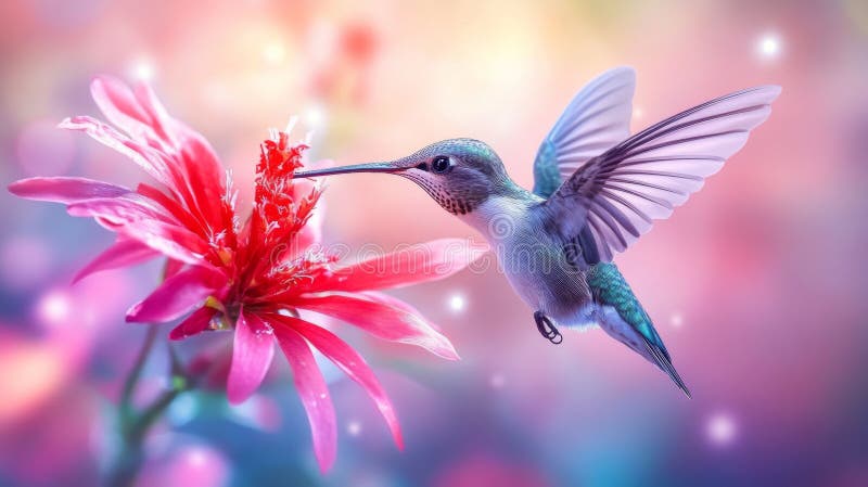 Hummingbird Feeding on Pink Flower Soft Focus Background Stock ...